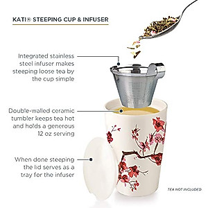 Tea Forte Kati Cup Cherry Blossoms, Ceramic Tea Infuser Cup with Infuser Basket and Lid for Steeping Loose Leaf Tea