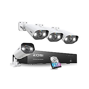ZOSI 8CH 4K Spotlight Home PoE Security Camera System,8 Ports 16CH 8MP NVR with 2TB HDD,4 x 5MP Outdoor PoE IP Cameras,Person Vehicle Detection,2-Way Audio,Night Vision,Sound Alarm,for 24-7 Recording