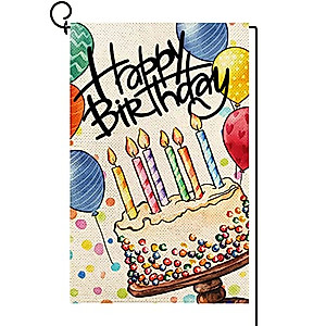 Baccessor Happy Birthday Garden Flag Big Colorful Cake Candles Balloon Yard Flag Burlap Vertical Double-Sided Party Outdoor Home House Decoration 12.5 x 18 Inch