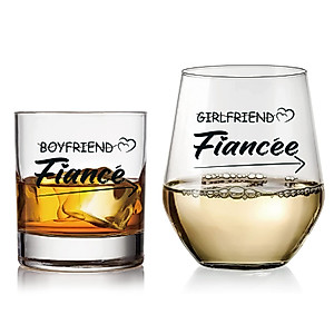 RorAem Whiskey Glasses and Wine Glasses Set - Engagement Gifts for Couples Boyfriend and Girlfriend Fiance Fiancee Gifts for Her and Him - Stemless Wine Glass For Mr and Mrs Bride Groom