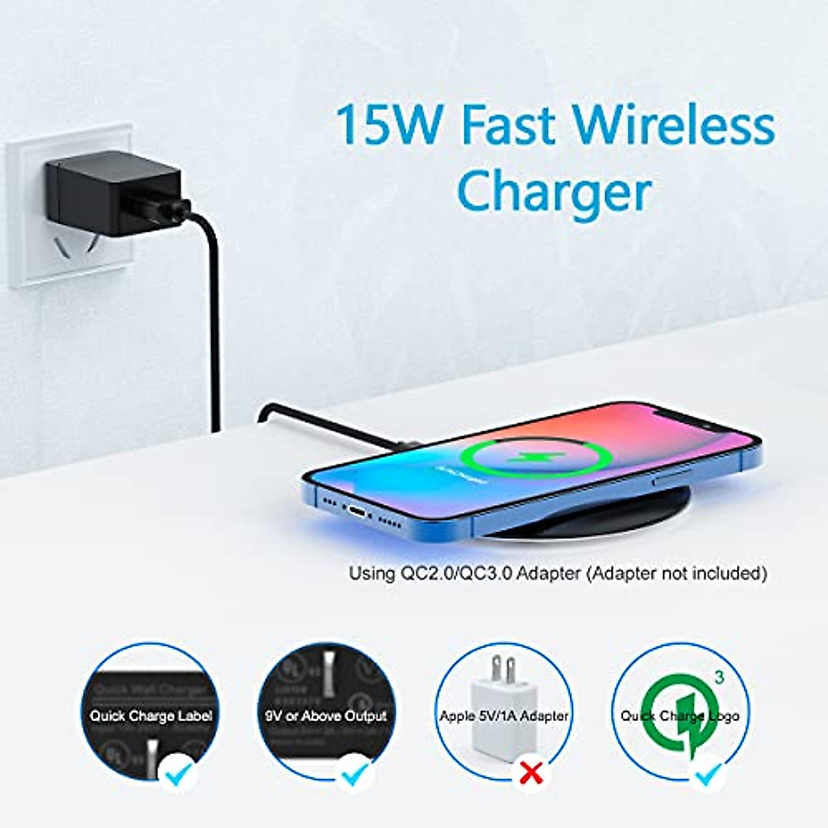 Slim Wireless Charger, 15W Fast Wireless Charging Pad Compatible with iPhone 14/13/12/12 Pro Max/12 Mini/11/XR/X/8 Plus, Samsung Galaxy S21/S20 Ultra/S10/S9/Note 10, Pixel 7/6 Pro/5/4 XL (No Adapter)