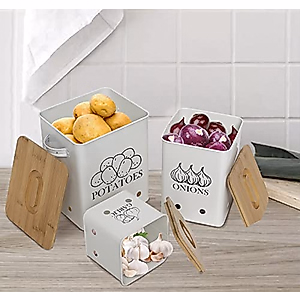 Gdfjiy Kitchen Canisters Set, Storage Bin for Potato Onion & Garlic, 3 Pack Set Countertop Pots Containers with Wooden Lid - Potato Storage, Garlic Bin, Onion Keeper Tin with Aerating Holes-White
