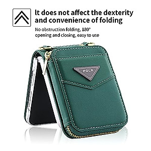 EAXER for Samsung Galaxy Z Flip 5 Case, Shockproof PU Wallet Folding Case Leather Zipper Crossbody Strap Cover (Green)