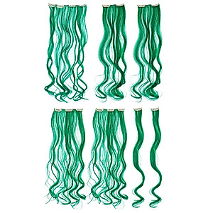 SWACC 7 Pcs Full Head Party Highlights Clip on in Hair Extensions Colored Hair Streak Synthetic Hairpieces (20-Inch Curly, Green)