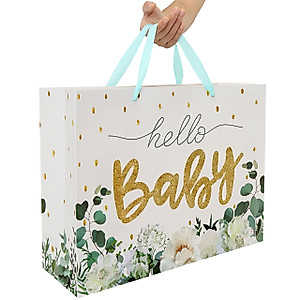 16.5" Extra Large White Gift Bag Set with Greeting Card and Tissue Papers (Gold Glitter ‘Baby’) for Baby Shower, Baby Girl or Boy, Girls' Birthday Party, Women's Birthday Parties - 16.5”x5.5”x12.6”, 1 Pcs.