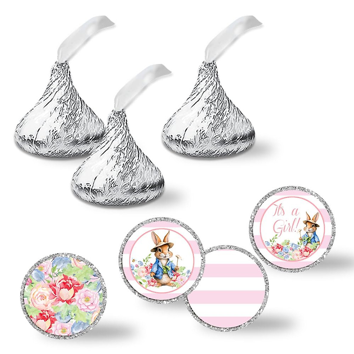 Little Rabbit Girl Baby Shower Kiss Sticker Labels, 300 Party Circle Stickers Sized 0.75 inches for Chocolate Drop Kisses by Amanda Creation, Great for Favors, Treats, Envelope Seals & Goodie Bags