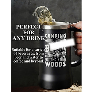 Onebttl Camping Gifts for Men, Camper, Camping Lovers - Camping Without Beer 24oz Stainless Steel Beer Mug Beer Stein Tumbler, 24oz Beer Mug with Lid