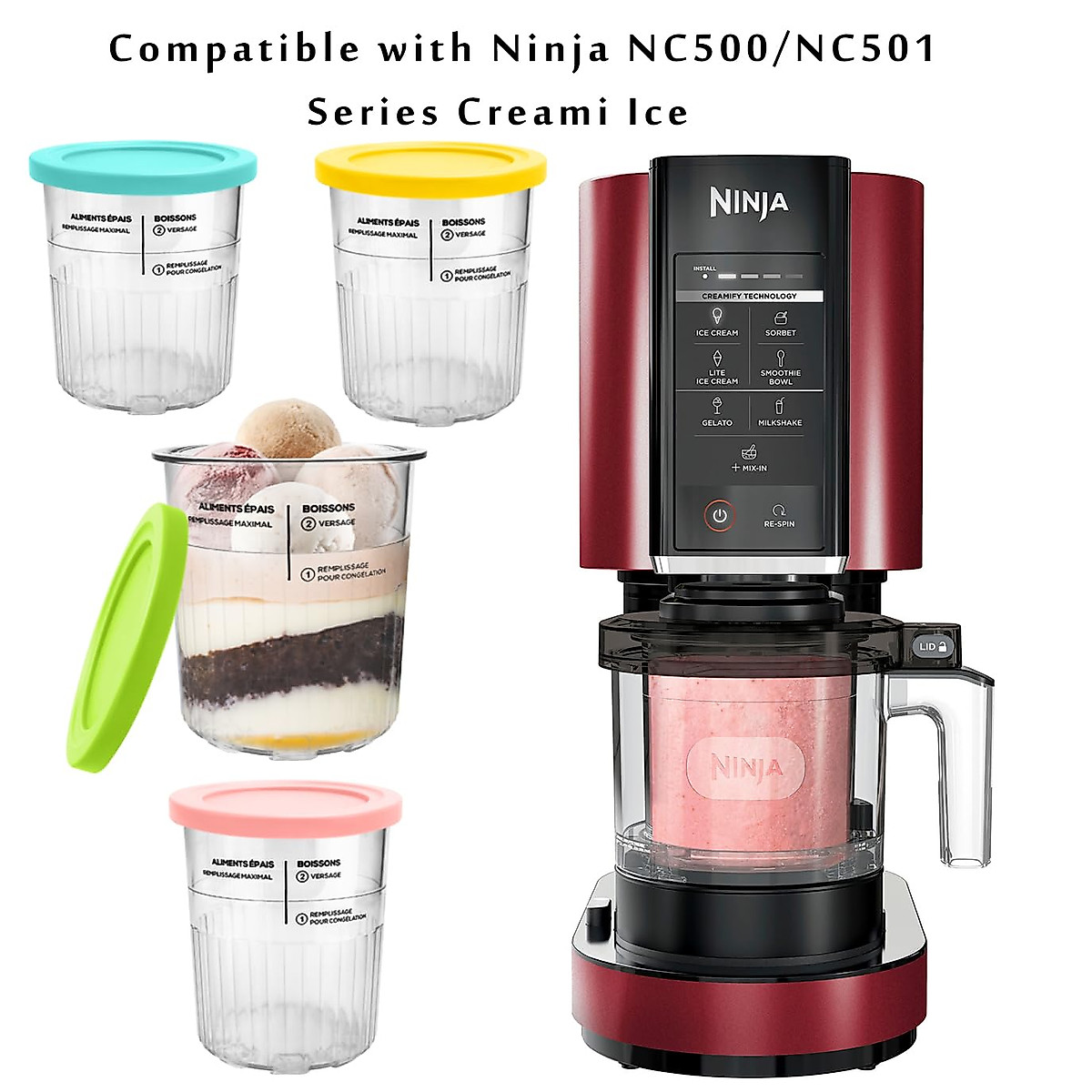 Ninja Creami Pints and Lids - 4 pack, Compatible with NC500 & NC501 Series, CREAMi Ice Cream Maker Cups, Ninja Creami Replacement Containers, BPA-Free & Dishwasher Safe (Yellow/Blue/Green/Pink)