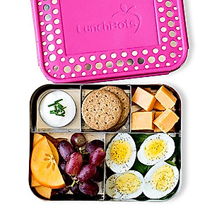 LunchBots Large Cinco Stainless Steel Lunch Container - Five Section Design Holds a Variety of Foods - Metal Bento Box - Dishwasher Safe - Stainless Lid -Pinka Dots