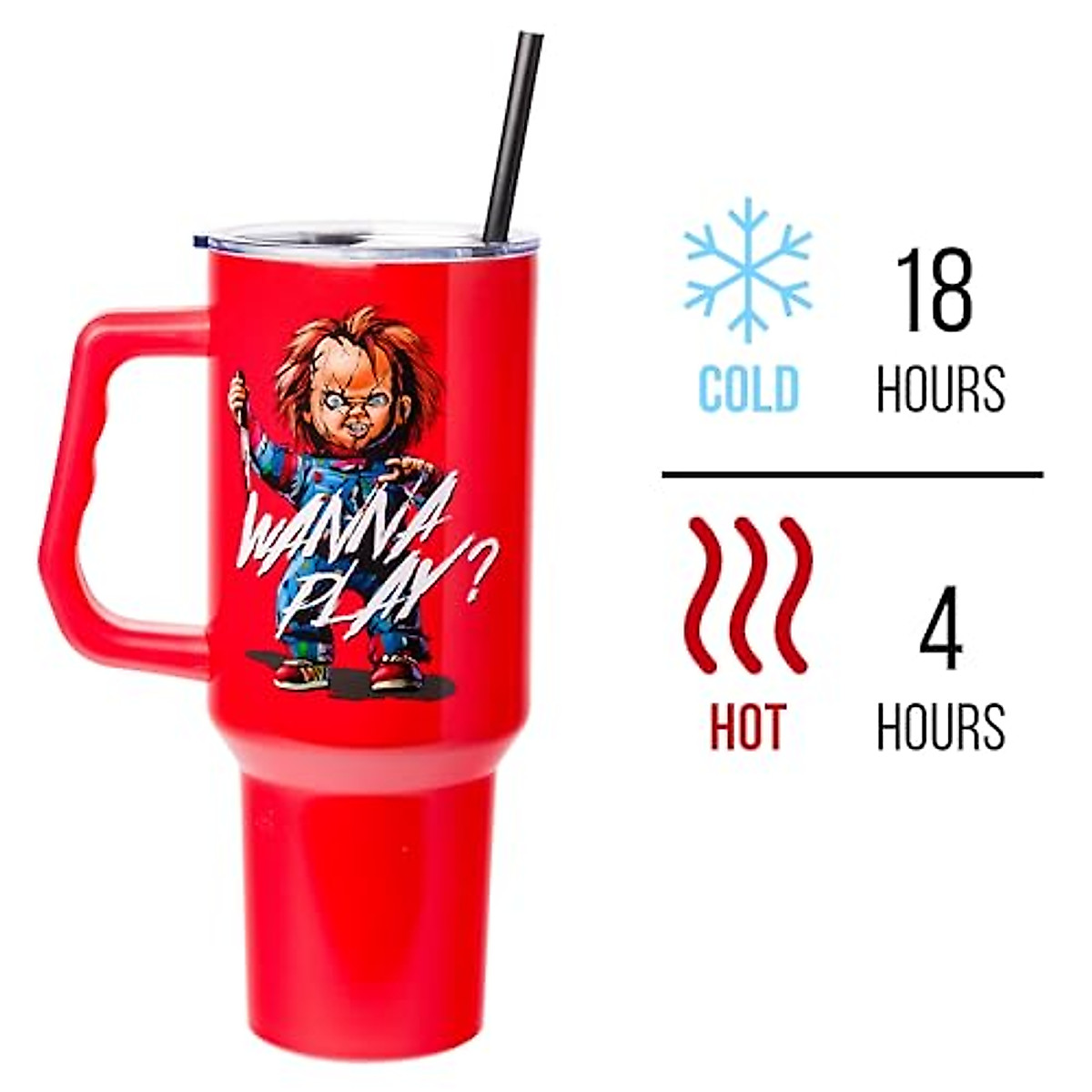 Silver Buffalo Chucky Wanna Play Stainless Steel Tumbler with Handle and Straw, Fits in Standard Cup Holder, 40 Ounces