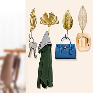 Decorative Leaves Iron Hooks, Set of 4 Leaf Shaped Self Adhesive Wall Shower Curtain Coat Hooks, Modern Key Holder Wall Mounted Metal Iron Gold Single Prong Coat Hanger for Hallways, Living Room