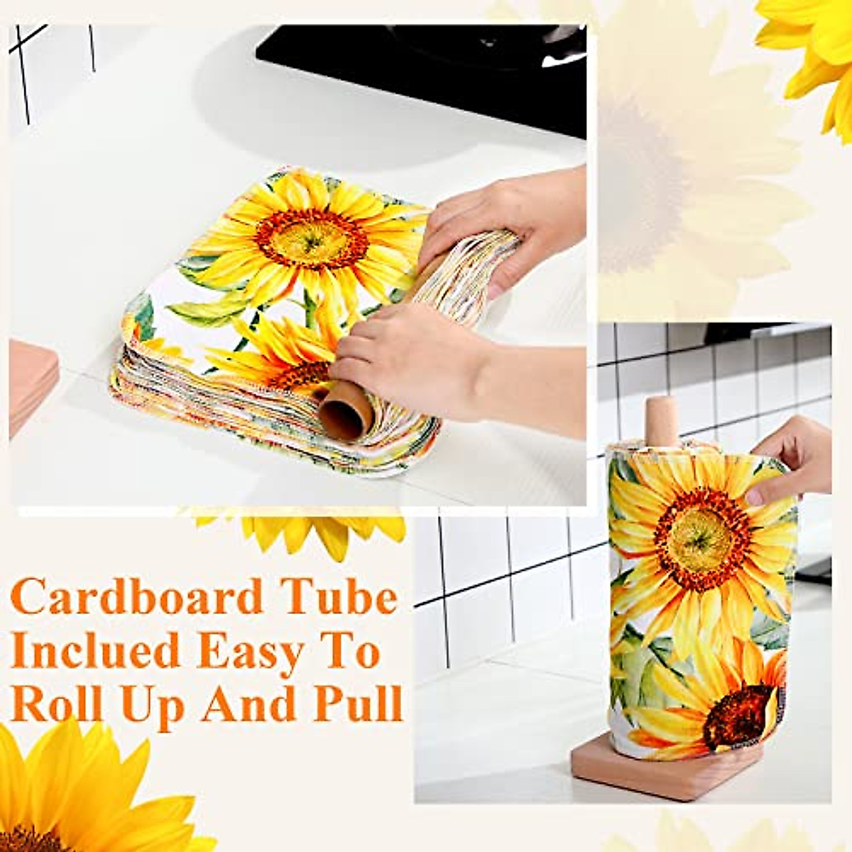50 Pcs Reusable Paper Towels Paperless Towels Reusable Cotton Cloths Reusable Toilet Paper Absorbent Washable Paper Towels with Roll Kitchen Dishcloth for Kitchen Paperless Dishcloths (Sunflower)