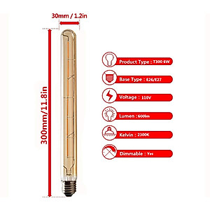 T300 Vintage LED Filament Bulb T300 6W Dimmable Vintage Edison Light Bulb Long Tubular Vintage LED Light,E26/E27 Medium Base,Amber Glass,Warm White 2300K,6W(40W Equivalent),Dimmable,Pack of 4