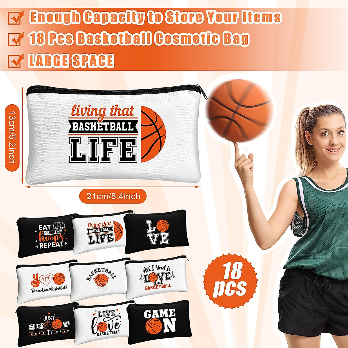 Moukeren 18 Pcs Basketball Gifts Basketball Makeup Bag Accessories Funny Travel Basketball Bags for Teen Cosmetic Zipper Pouch for Team Players Lover, 8.27 x 5.12 Inch(Classic Style)