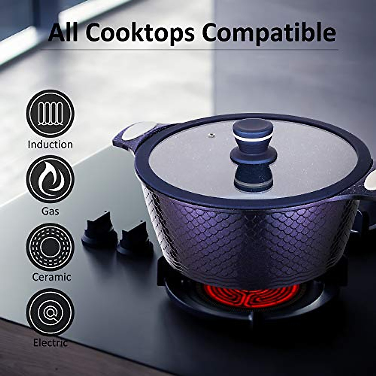 5QT Stock Pot with Lid - Nonstick Saucepan Cooking Pot Pasta Pot with USA Blue Gradient Granite Derived Coating, Heat-resisted Silicon Handle,PFOA&PFOS Free,Induction Compatible, Ideal Christmas Gift