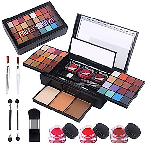 All in One Makeup Set for Women Full Kit, Includes 32 Colors Makeup Kit Eyeshadow Palette, 3 Solid Lip Gloss, 5 Pro Makeup Brushes, 3 Highlighter & Contour, 1 Make Up Mirror, Ideal Makeup Palette Gift Set for Women Girls Teens