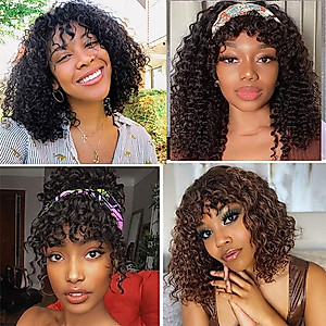 Acantam 150% Density Curly Wig with Bangs Grade 10A Virgin Human Hair Wig for Black Women Curly Human Hair Wig Glueless None Lace Front Wig Natural Black Color(16 Inch)