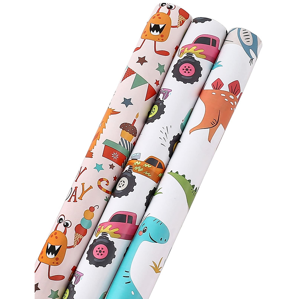 CAMKUZON Birthday Wrapping Paper Rolls for Kids Boys Girls Baby Shower Holiday - Cartoon Dinosaur, Monster Truck and Happy Party Designs Gift Wrap - Pack of 3, 17.7 Inch X 10 Feet Per Roll