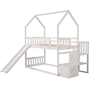Bellemave House Bunk Beds with Stairs and Slide Low Twin Over Twin Solid Wood Floor Bunk Bed for Kids Girls Boys Teens, White