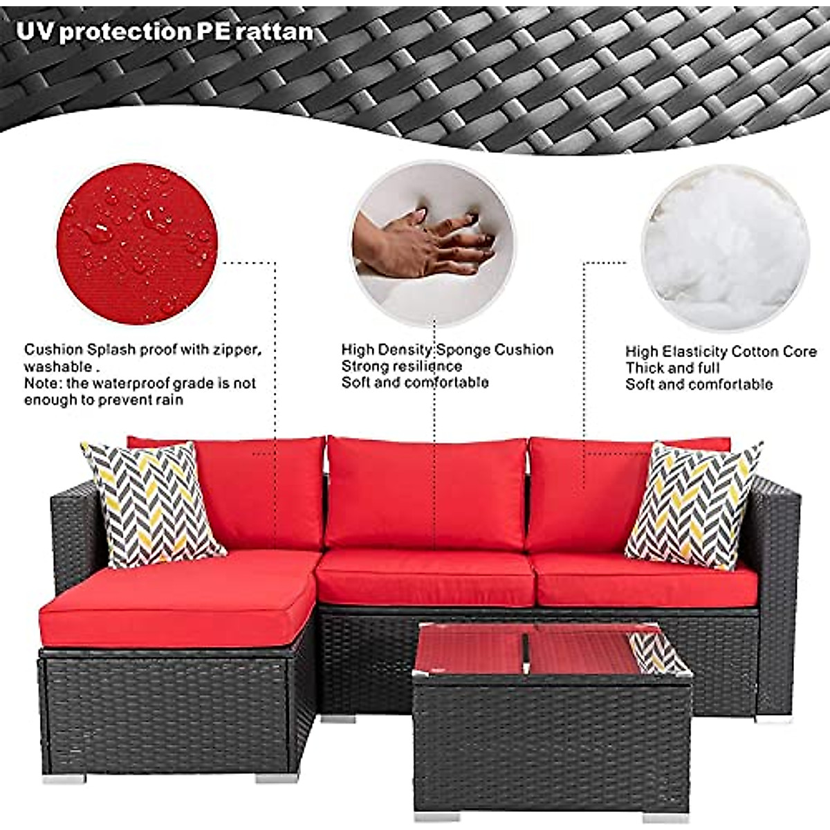 Walsunny Patio Furniture Set 3 Piece Outdoor Sectional Patio Sofa, All Weather Wicker Rattan Outdoor Furniture with Glass Table and Cushions(Red)