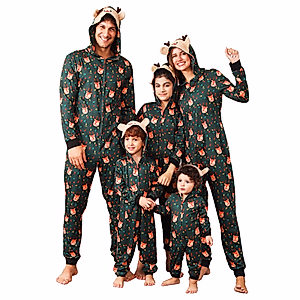 Nokpsedcb Family Christmas Pajamas Couples Kids Matching Lounge Sets Long Sleeve Hooded Deer Print Zipper Jumpsuit Sleepwear(Dad,L,A-Reindeer)