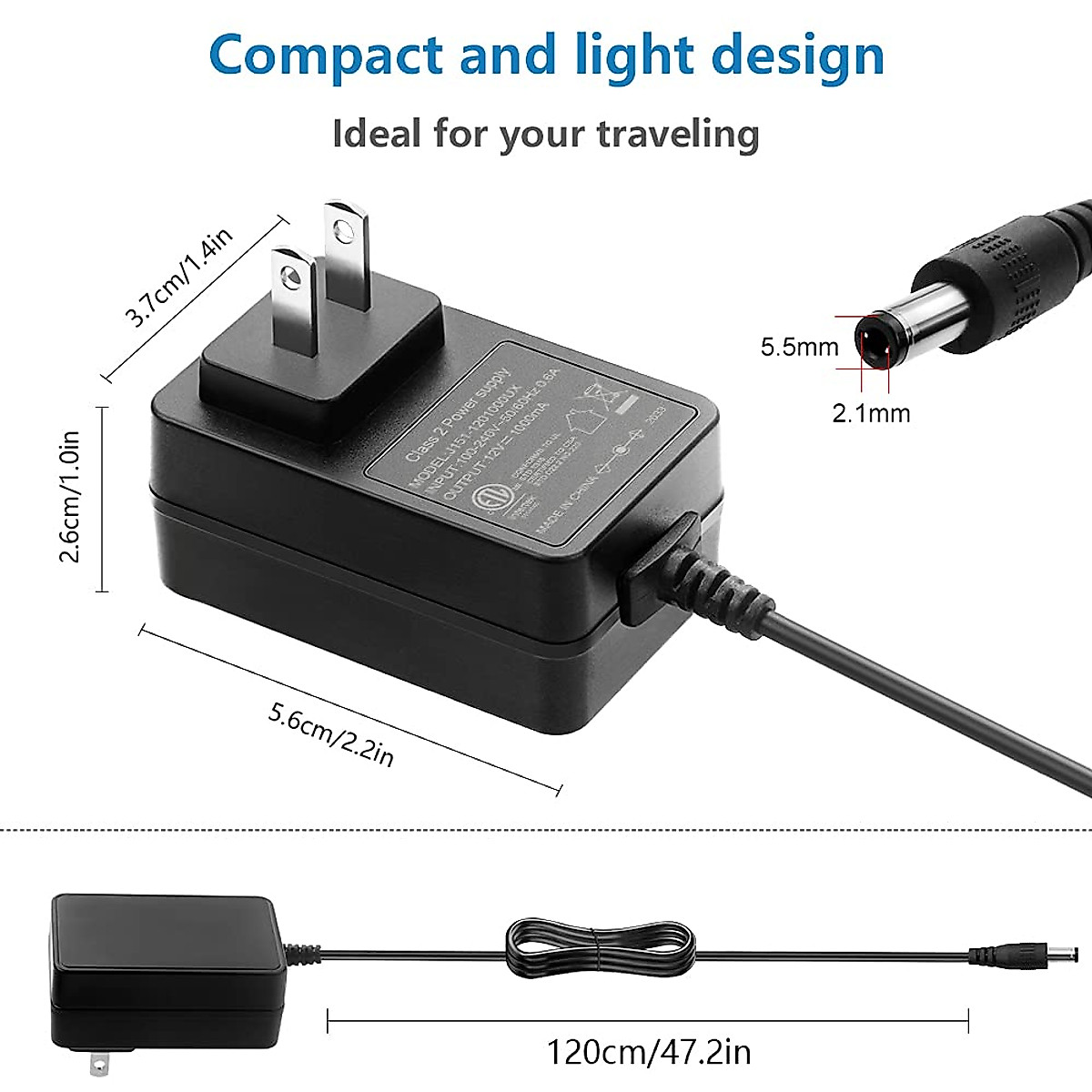 SHNITPWR 12V 1A DC Power Supply ETL Listed AC to DC Adapter Converter 1000mA 12W Transformer 100V~240V AC in 5.5x2.1mm Tip for CCTV WiFi IP Camera Player Router, Level VI Energy Efficiency, 2 Pack