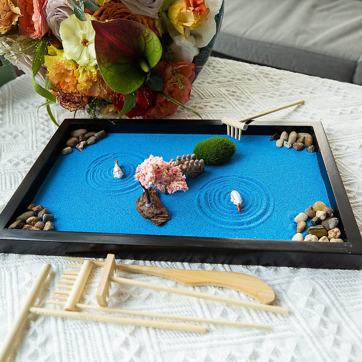 Zen Garden - Zen Garden Decor for Desk, 12.6x7.9'' Zen Garden for Home, Office Desktop Accessories, Mini Zen Garden Kit for Relaxation and Meditation (Blue)