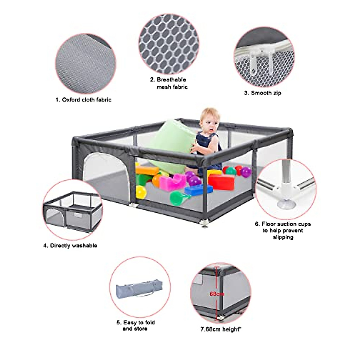 PlayPen for Babies and Toddlers-Aukivon 71"x59" Extra Large Baby Playpen with Storage Bag Baby Playard with Door, 2 Pull Rings & 50 Ocean Balls for Kids for Indoor & Outdoor, Anti-Collision, Grey