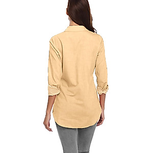 Fuinloth Women's Chambray Button Down Shirt, Long Sleeve Cotton Blouse, Long Jeans Tunic Top Light Orange Medium