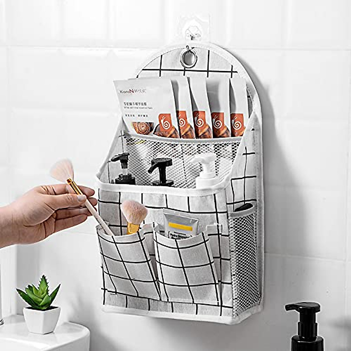 Wall Hanging Storage Bag, Waterproof Over The Door Closet Organizer Hanging Pocket Linen Cotton Organizer Box Containers for Bedroom, Bathroom, Kitchen, Office (Black Grid)