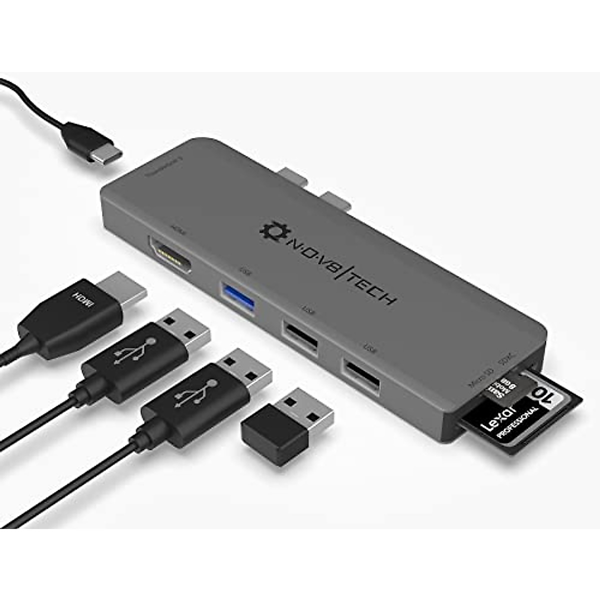 NOV8Tech USB C Hub – Multiport Adapter for MacBook Pro/Air – 7 in 2 USB C Docking Station - Thunderbolt hub – HDMI to USB C Dongle – SD Card Reader for Mac (Space Gray)