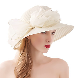 Bellady Women Organza Hat Derby Fascinator, Lady Tea Party Wedding Bridal Hat, UV Protection Wide Brim Sun Hats, Beige