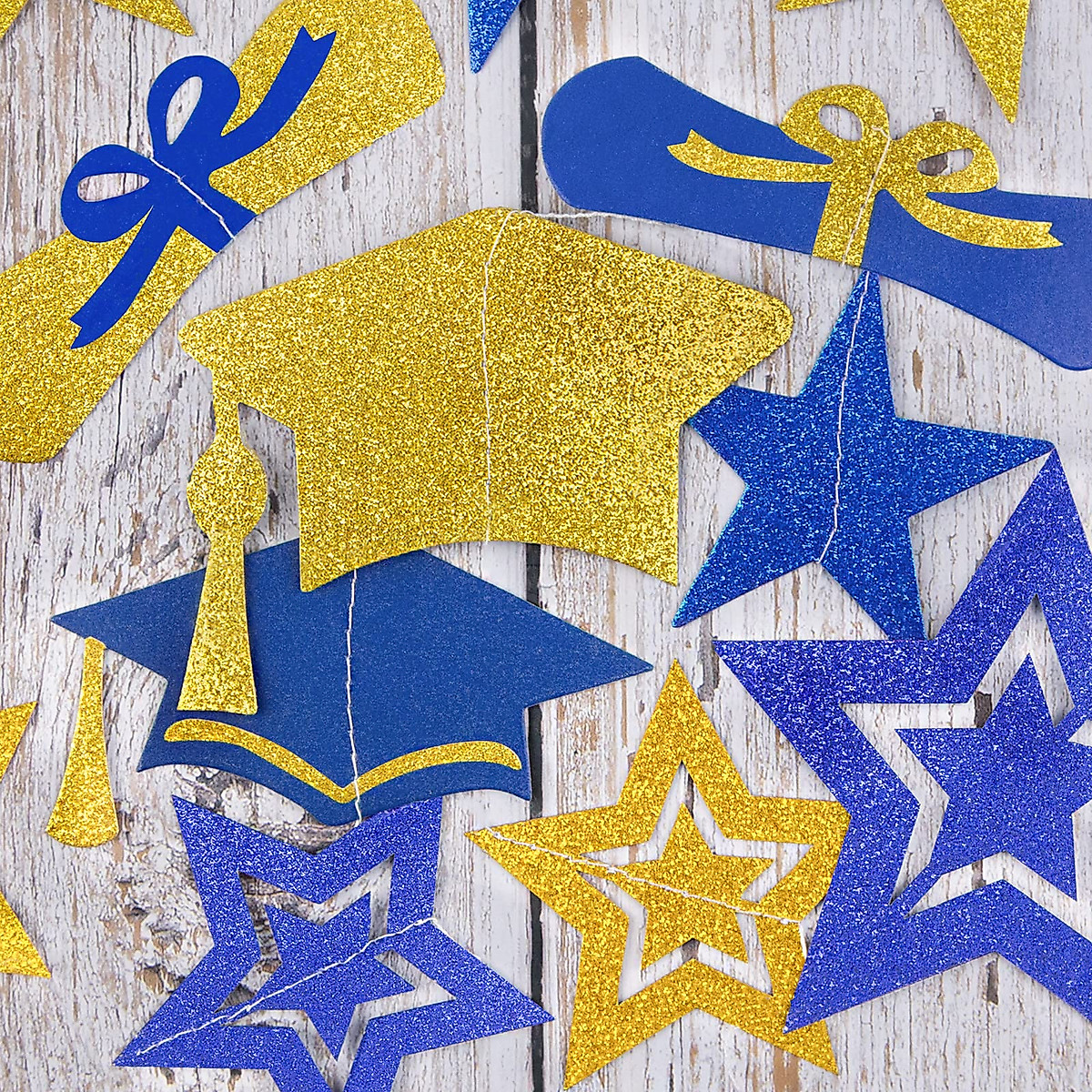 8-Pack 2024 Graduation Party Decorations - Blue Gold Glitter Backdrop with Cap, Diploma & Star Garland Banner Hanging Decor - Perfect for High School, College, and Middle School Graduation Parties