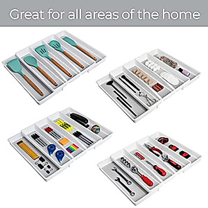 Smart Design Expandable 5 Compartment Plastic Drawer Organizer - Non-Slip Lining and Feet - BPA Free - Utensils, Flatware, Office, Personal Care, or Makeup Storage - Kitchen - White with Gray