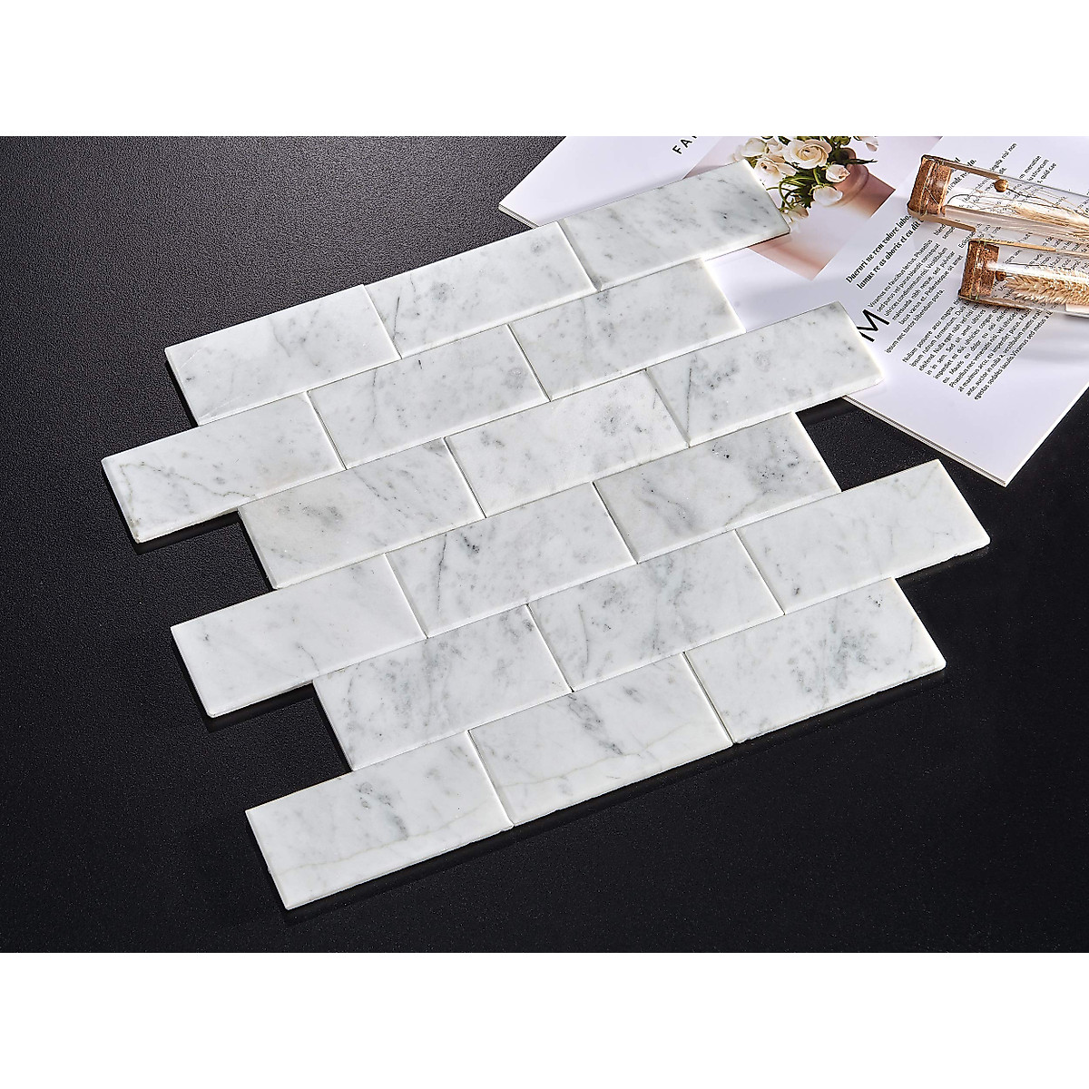 Simple Tile - DIY Peel and Stick Genuine Marble Mosaic Tile for Kitchen and Bathroom Backsplash, Carrara White 2"X4" Big Brick Deep Belveled, 12"X12"X1/4", Polished (Sample 12"X4")
