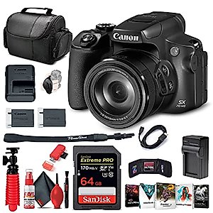 Canon PowerShot SX70 HS Digital Camera (3071C001), 64GB Memory Card, Corel Photo Software, LPE12 Battery, Charger, Card Reader, HDMI Cable, Soft Bag, Flex Tripod + More (International Model) (Renewed)