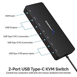 SABRENT KVM Switch, USB-C, 1-PC to 1-Display with 60 Watt Power Delivery (USB-KCPD)