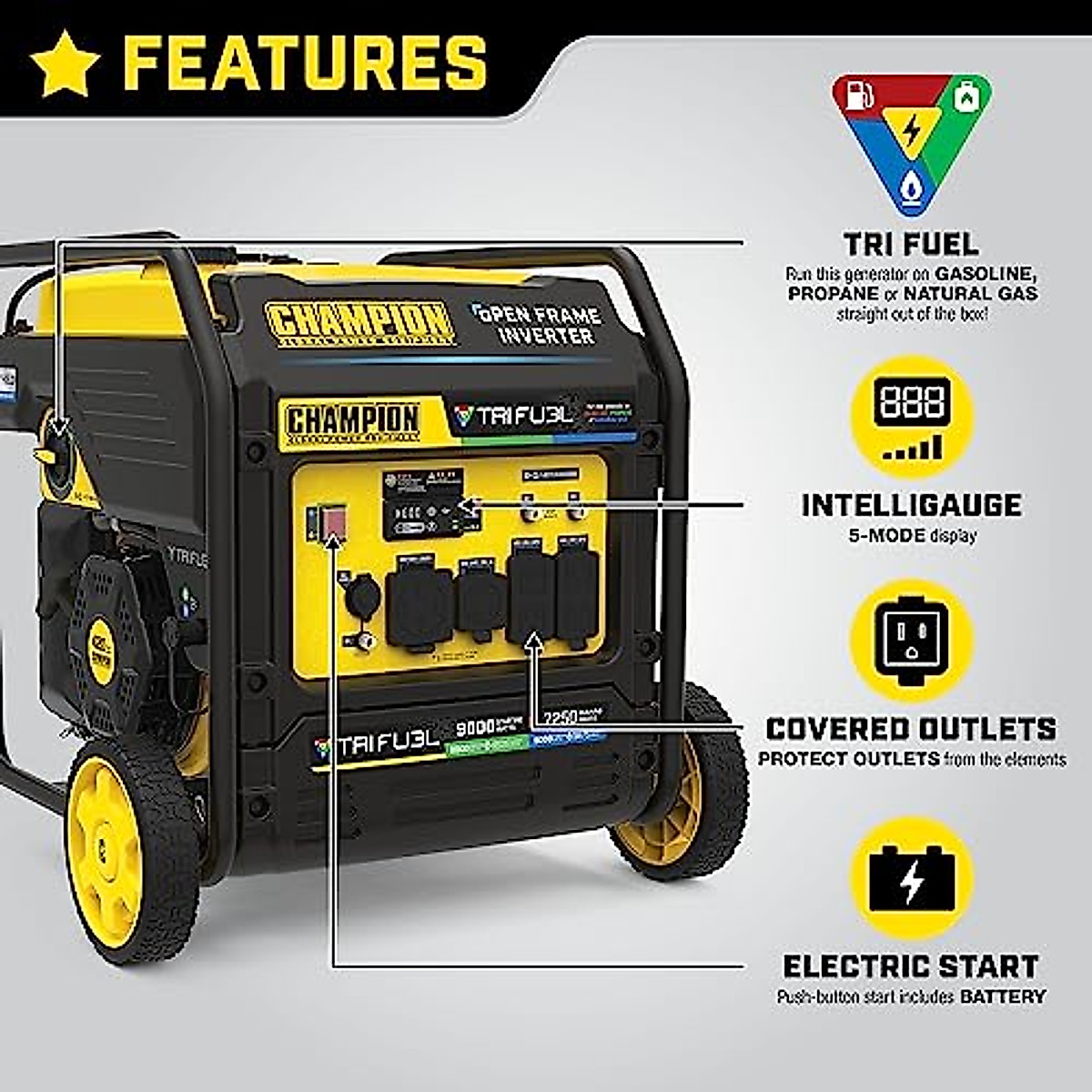 Champion Power Equipment 201176 9000-Watt Electric Start Tri-Fuel Open Frame Inverter Generator with CO Shield