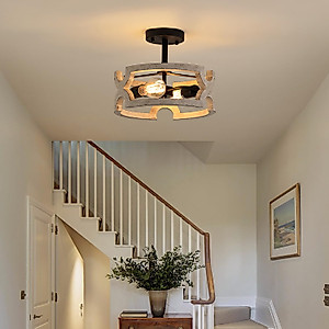 9MMML Flush Mount Ceiling Light, Wood Drum 2 Lights Ceiling Light Fixtures, Rustic Farmhouse Ceiling Lamp for Entryway Hallway Bedroom,E26