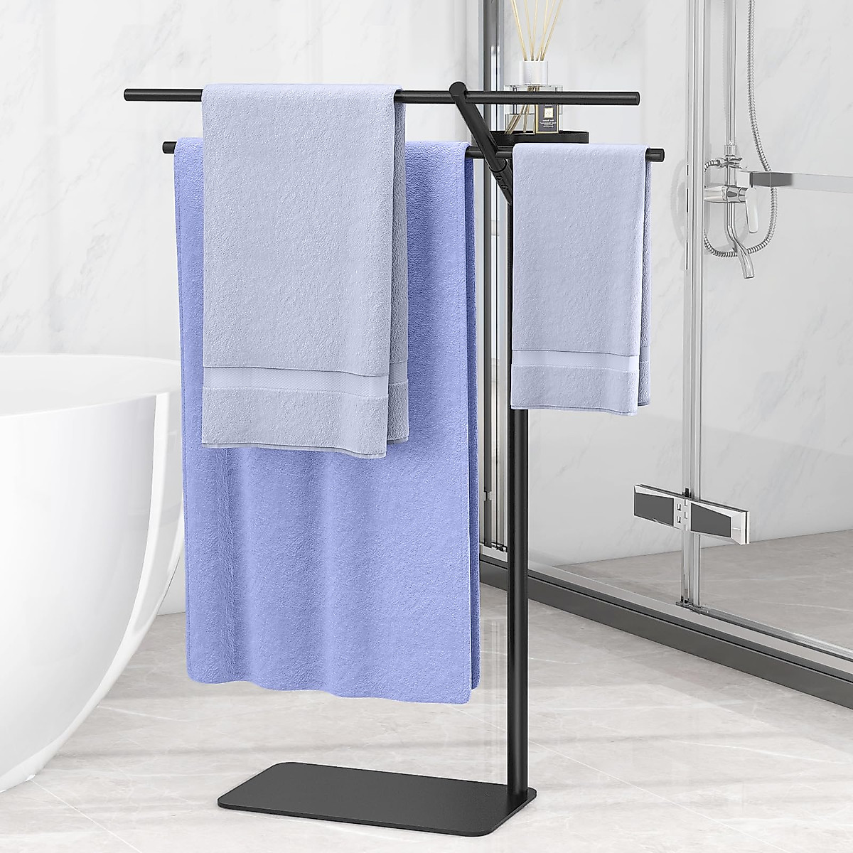 XIGOO Standing Towel Rack for Spacious Bathroom, 31.5 Inch Wide Large Towel Stand, Pool Towel Rack Outdoor Towel Drying Rack Blanket Rack for Living Room Hot Tub