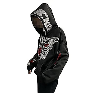 Creaion Bones Skeleton Rhinestone Graphic Y2k Hoodies Full Zip Up Hoodie over Face Rib Cage Jacket Oversized Hip Hop Streetwear Sweatshirt