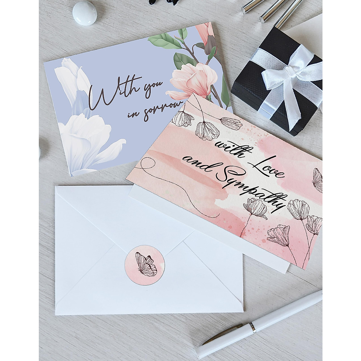 Sympathy Cards with Envelopes and Stickers, 30 Unique Designs with Messages Inside, Large 5x7 Inch Folded Condolence Cards, Thick Cardstock in a Sturdy Box