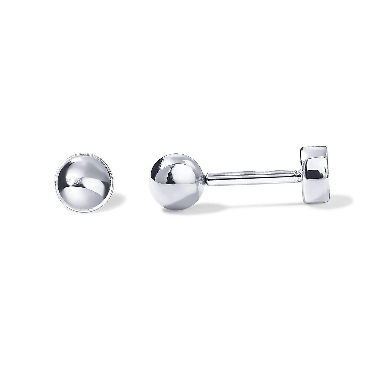 PAVOI Rhodium Plated Solid 925 Sterling Silver Ball Stud Earrings for Women - Flat Back - Cartilage & Helix Piercing Jewelry - Big Gold Studs