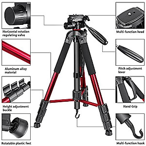 NEEWER Portable Aluminum Alloy Camera 2 in 1 Tripod Monopod Max. 70"/177cm with 3 Way Swivel Pan Head and Carrying Bag for DSLR, DV Video Camcorder (SAB264, Red)