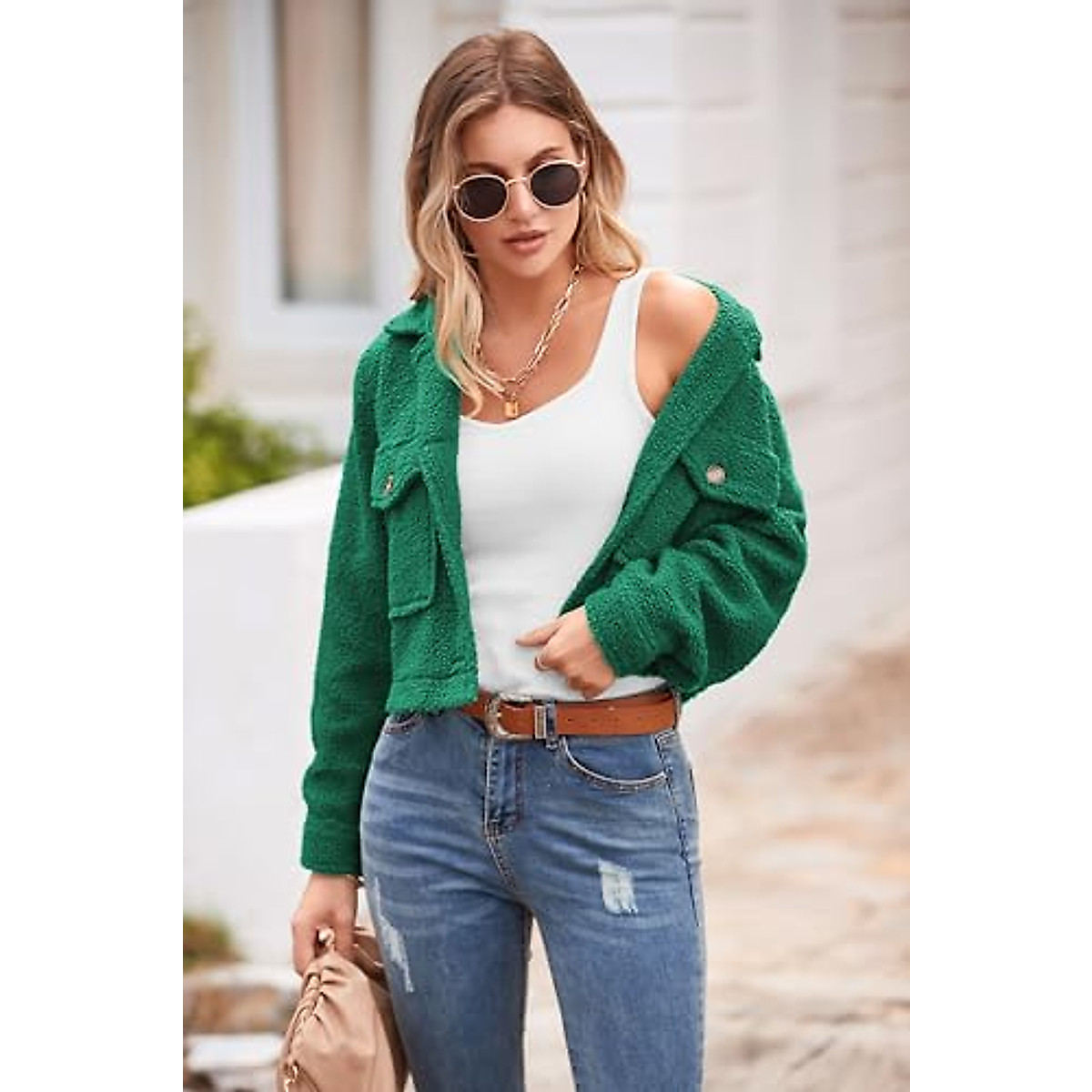 PRETTYGARDEN Womens Fall Clothes Sherpa Shacket Jacket Fuzzy Lapel Button Down Cropped Coat Winter Outerwear (Green,Large)