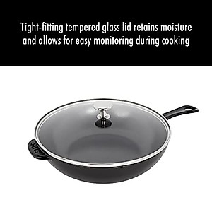 STAUB Cast Iron Pan with Lid 10-inch, 2.9 Quart Serves 2-3, Fry Pan, Cast Iron Skillet, Wok, Made in France, Matte Black