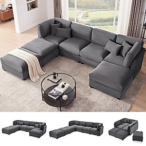 Howjoe 140 Inch Oversized Corduroy Modular Sectional Sofa, U Shaped Modular Couch with Storage, 7 Seat Convertible Corduroy Couch, Comfy Sectional Couches for Living Room with Memory Foam, Grey