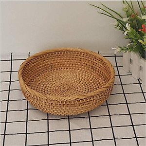 amololo Hadewoven Round Rattan Fruit Basket Wicker Food Tray Weaving Storage Holder Dinning Room Bowl, 8 Inch Small Bread Baskets Tray for Serving with Deep Wall, Brown (Small 7.48”)