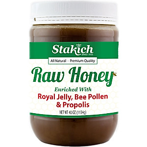 Stakich Royal Jelly, Bee Pollen, Propolis Raw Honey - Pure, Unprocessed, Unheated - 40 Ounce