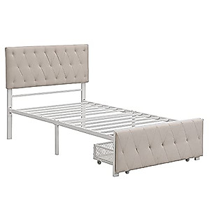 MERITLINE Twin Size Metal Bed, Twin Platform Bed Frame with Upholstered Headboard and Footboard, Metal Platform Bed with Drawer Storage No Box Spring Needed (Twin Size, Beige)